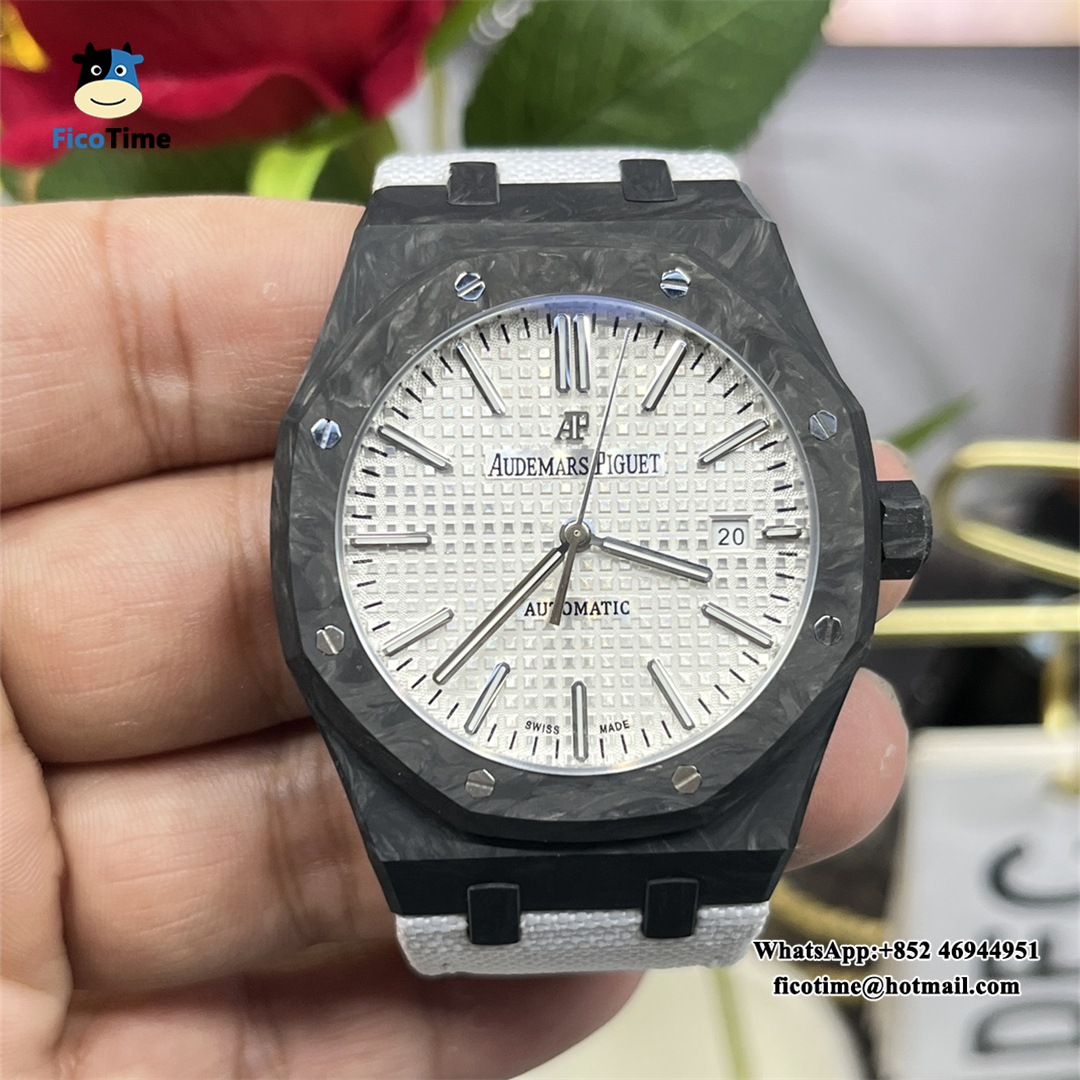 OPF A3120 AP Royal Oak 41mm 15400 Carbon Fiber White Dial Leather Strap ...