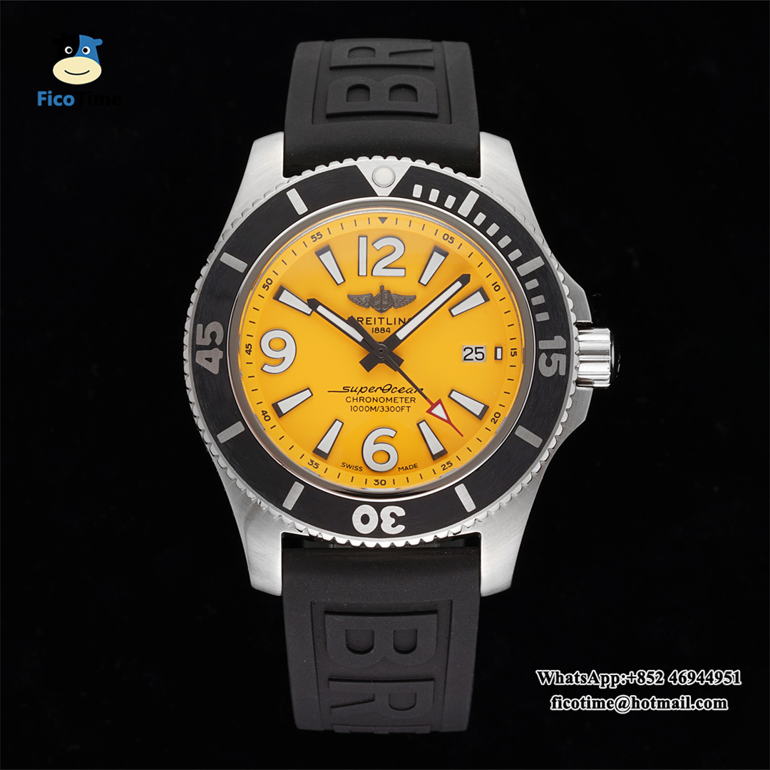 TF A2824 Breitling 42mm SUPEROCEAN Yellow Dial Black Rubber Strap ...