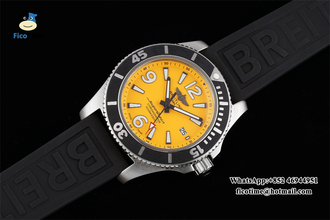 TF A2824 Breitling 42mm SUPEROCEAN Yellow Dial Black Rubber Strap ...