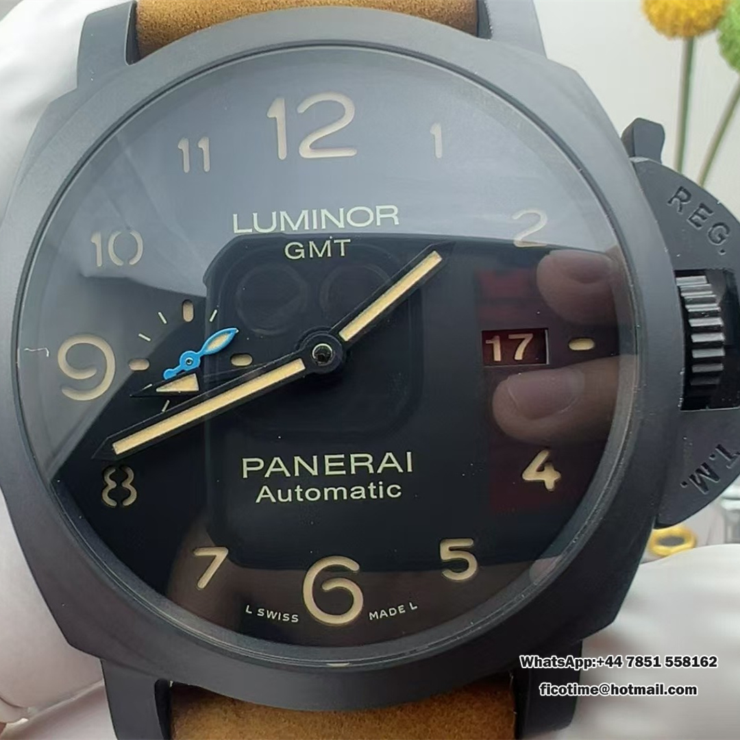 VSF P9000 PAM1441 44mm Luminor GMT Carbon Black Dial Brown Leather ...